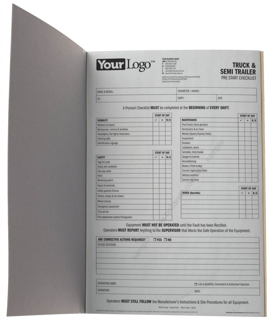 Truck and Semi Trailer Pre Start Checklist Books - Hollands Print