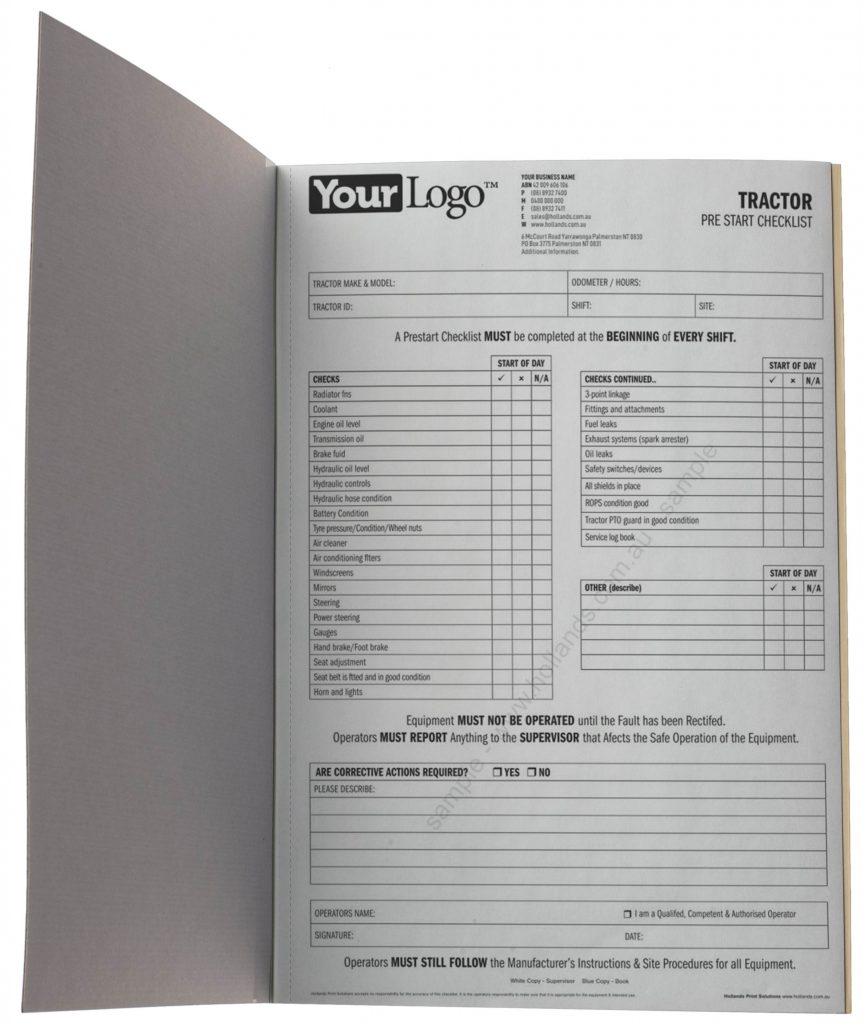 Tractor Pre Start Checklist Books – Hollands Print