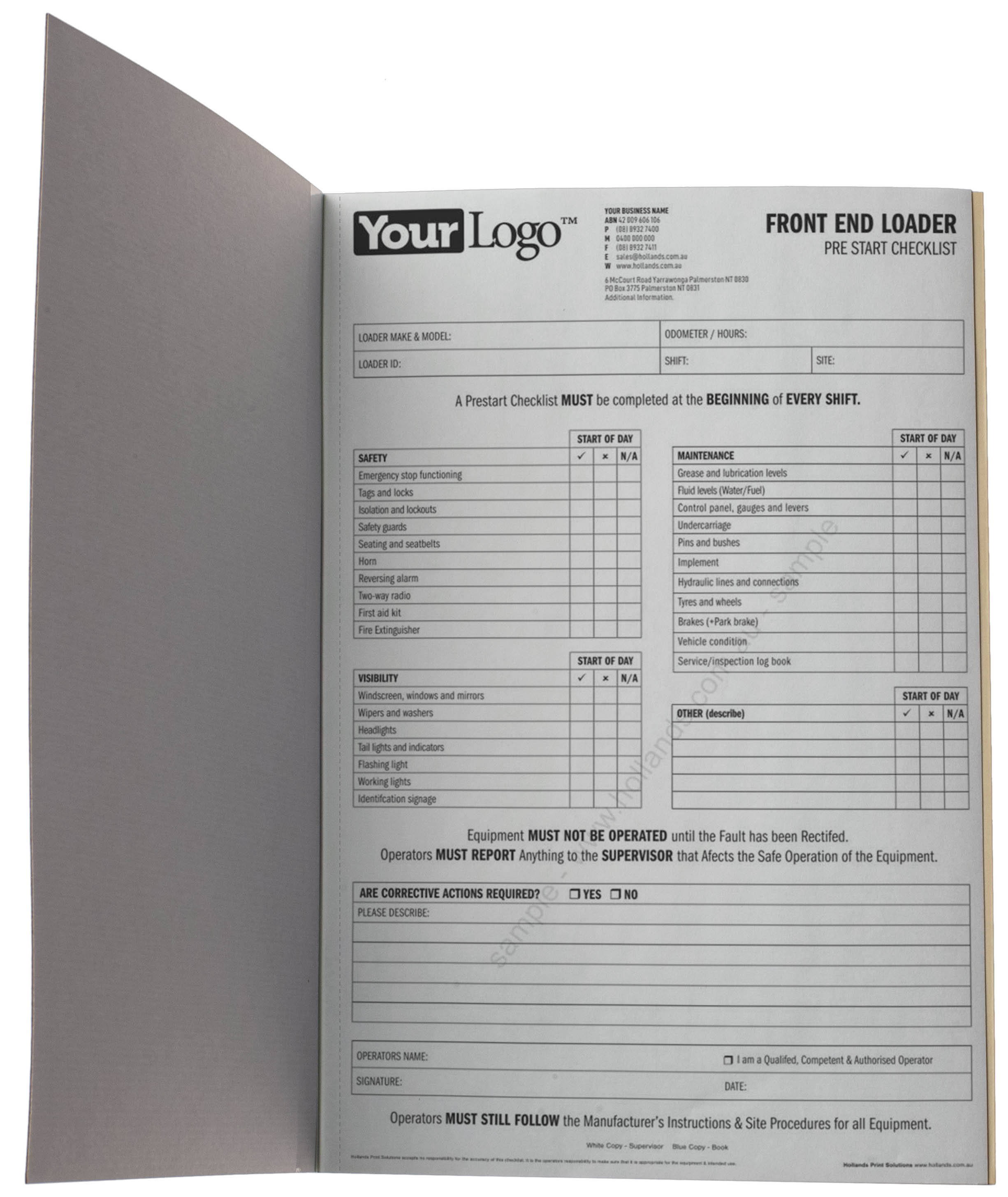 Front End Loader Pre Start Checklist Books – Hollands Print