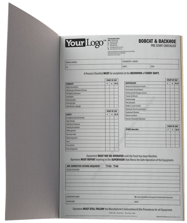 Bobcat and Backhoe Pre Start Checklist Books - Order Now